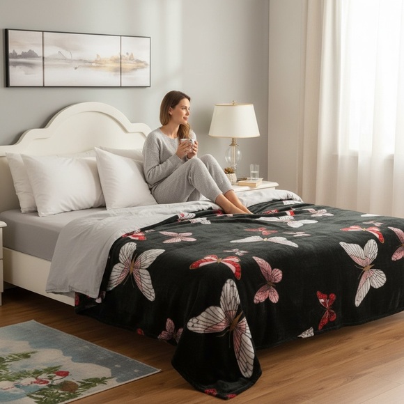Mariposa | Bedding | Nwt Mariposa Black And Pink Butterfly Throw Queen ...